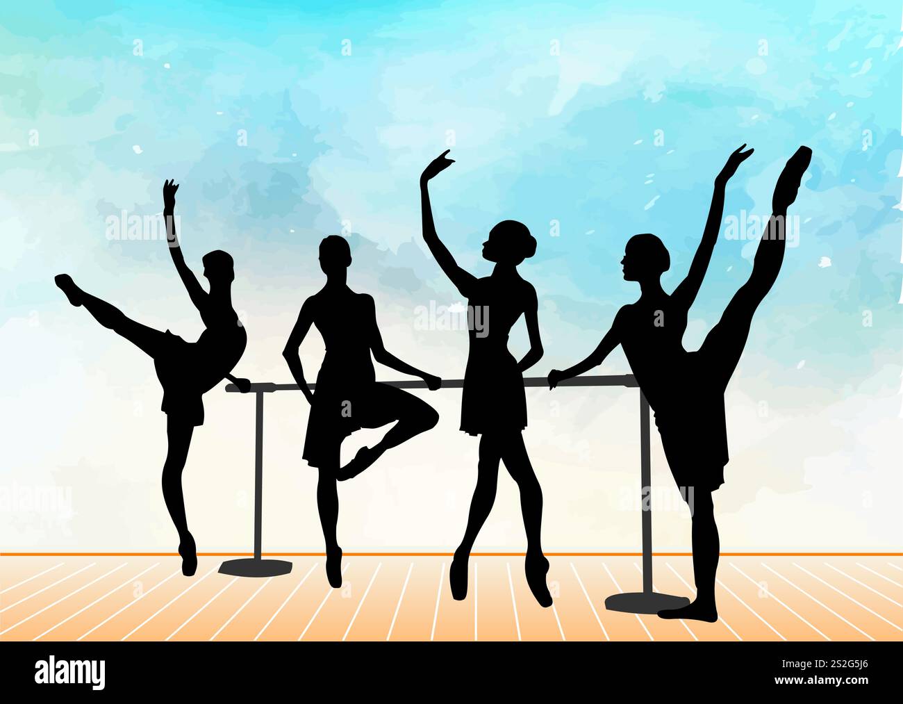 Composition from silhouettes of three dancers in ballet poses on a ...