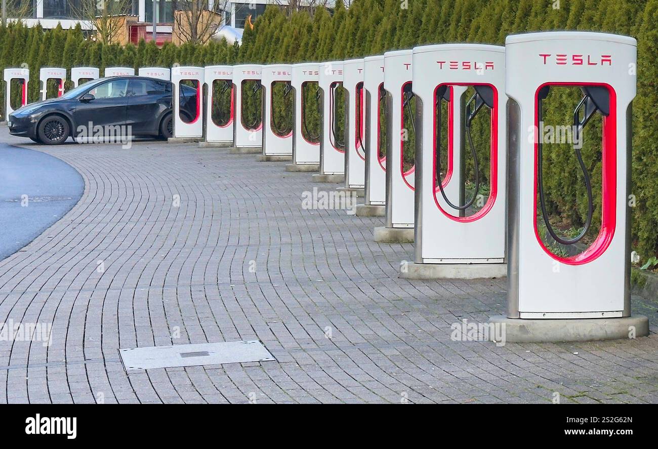 Tesla Super Charger power station at A3 highway rest stop petrol ...