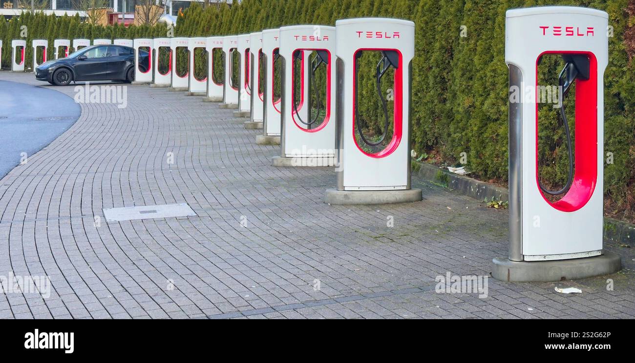 Tesla Super Charger power station at A3 highway rest stop petrol ...