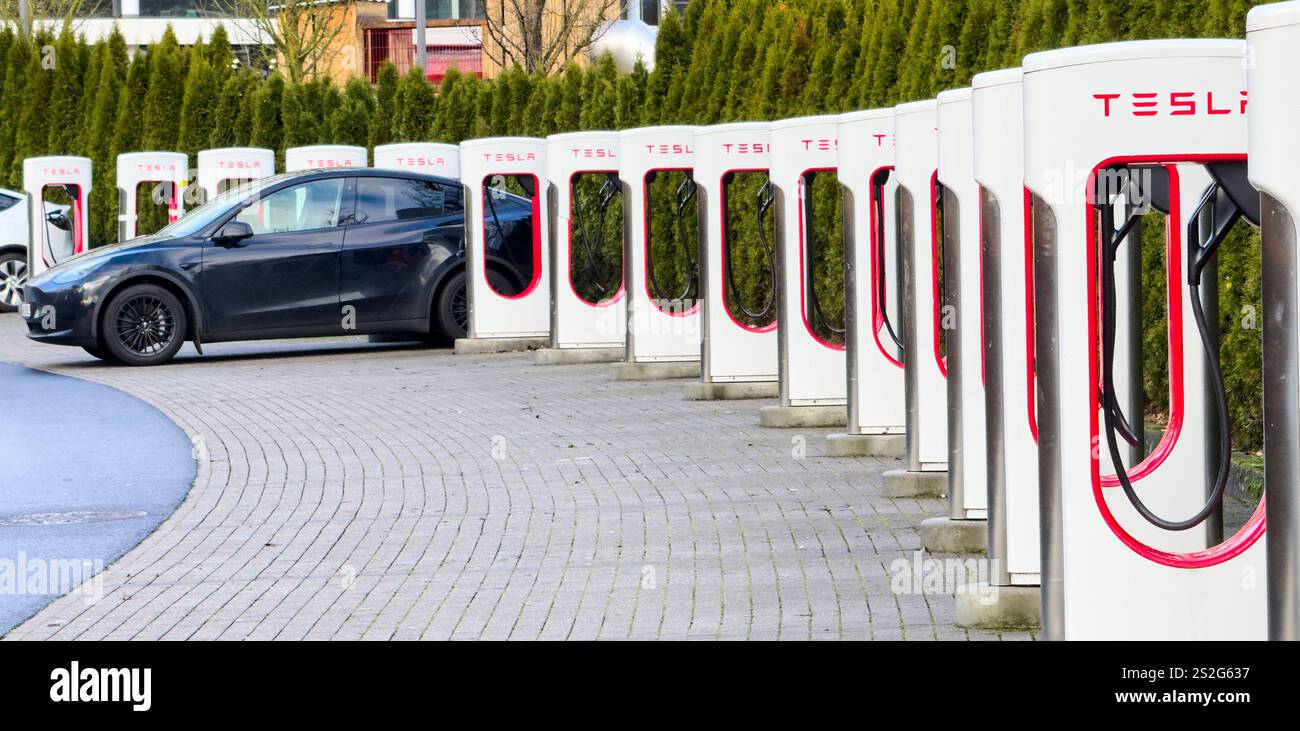 Tesla Super Charger power station at A3 highway rest stop petrol ...