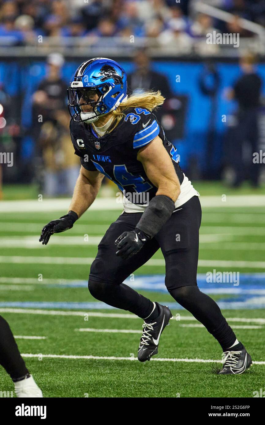 Detroit Lions linebacker Alex Anzalone (34) pursues a play on defense ...