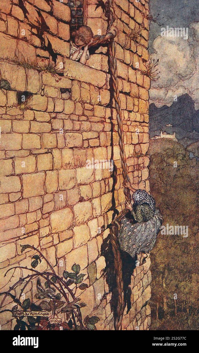 Climbing Rapunzel's golden hair - Arthur Rackham Stock Photo - Alamy