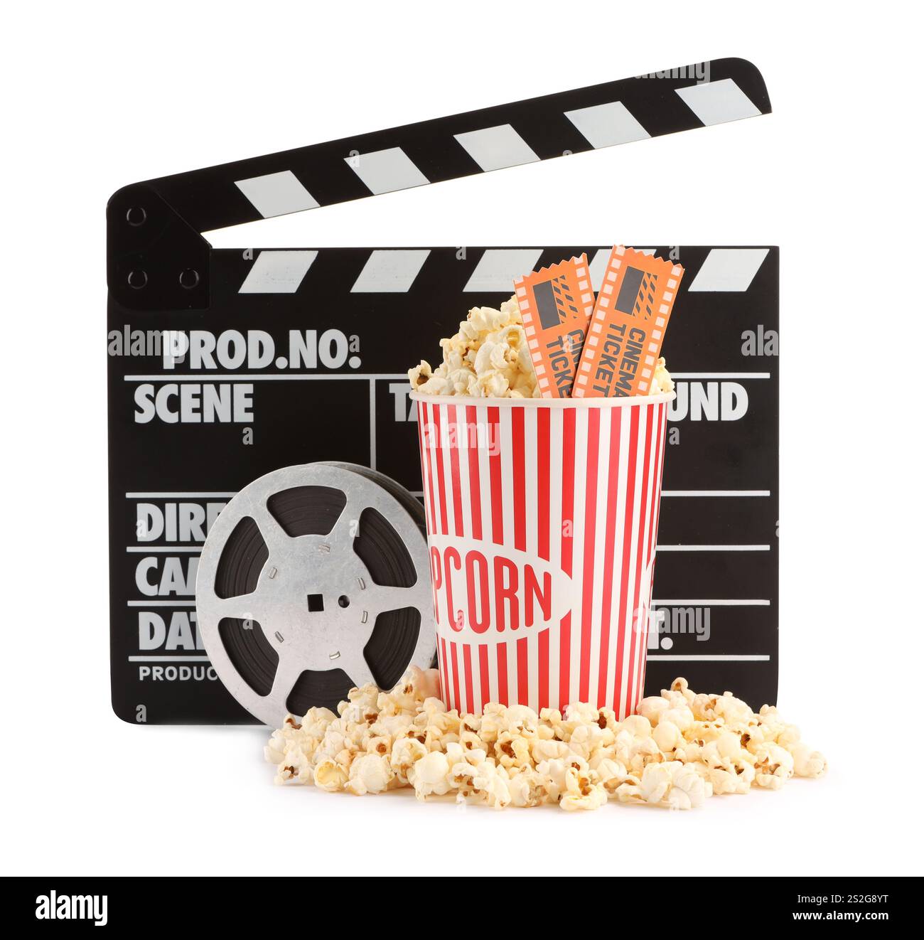 Tasty popcorn, clapper and movie tickets isolated on white Stock Photo ...