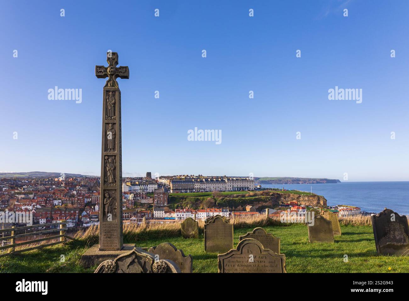 West Cliff, Whitby seen from the graveyard of St mary's church with ...