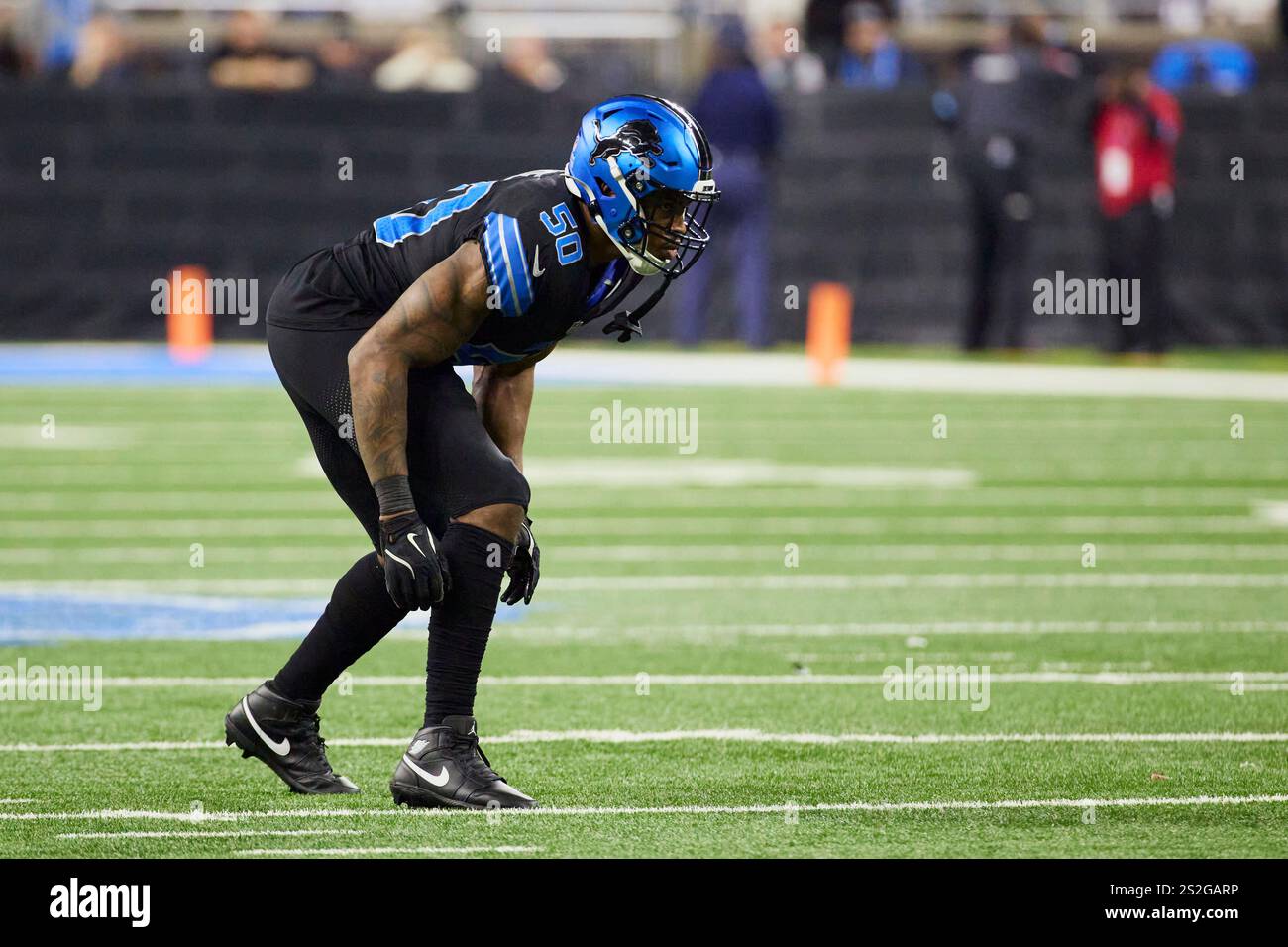 Detroit Lions linebacker Mitchell Agude (50) pursues a play on defense ...