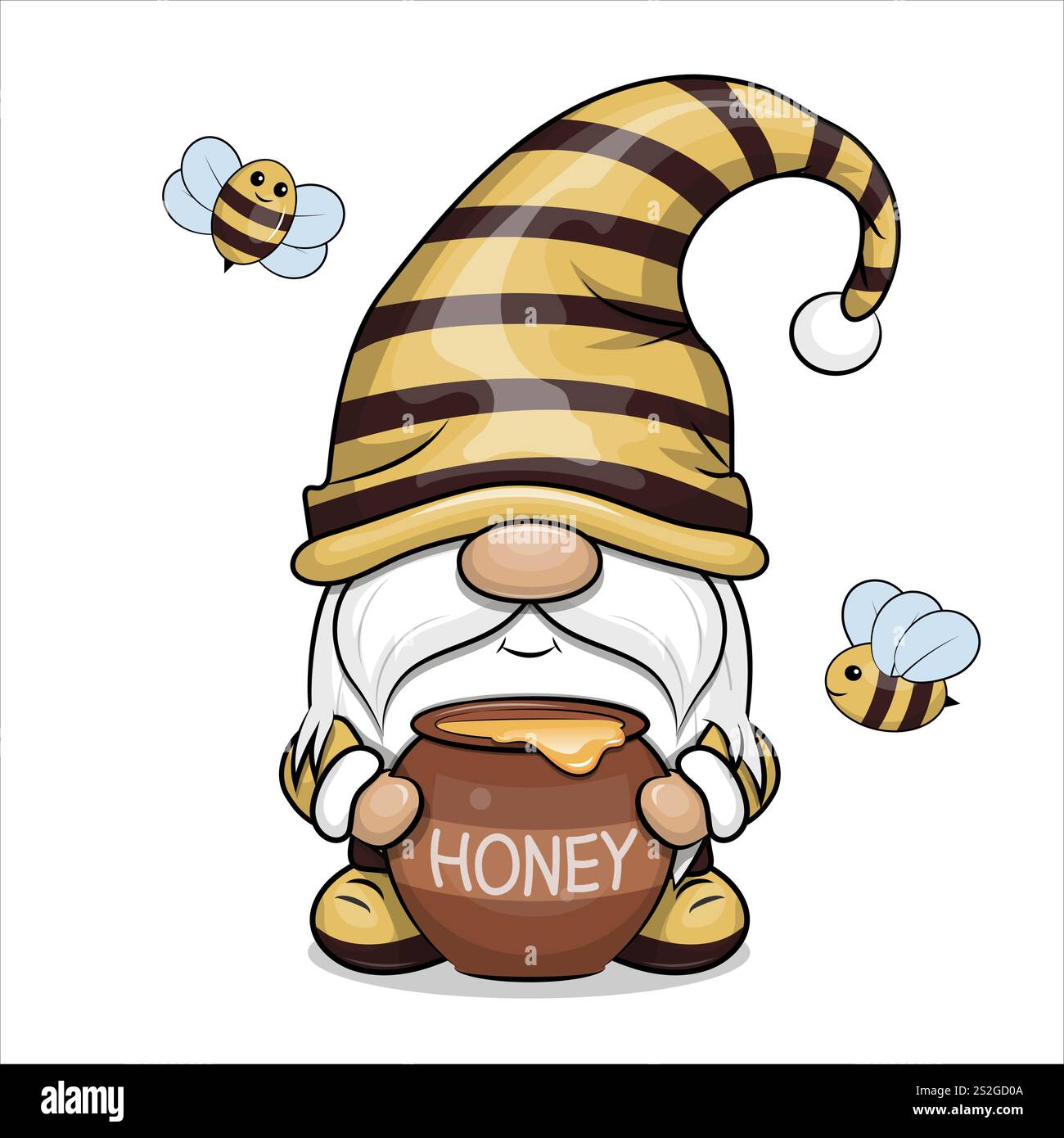 Cute cartoon gnome with honey. Vector illustration of dwarf man with ...