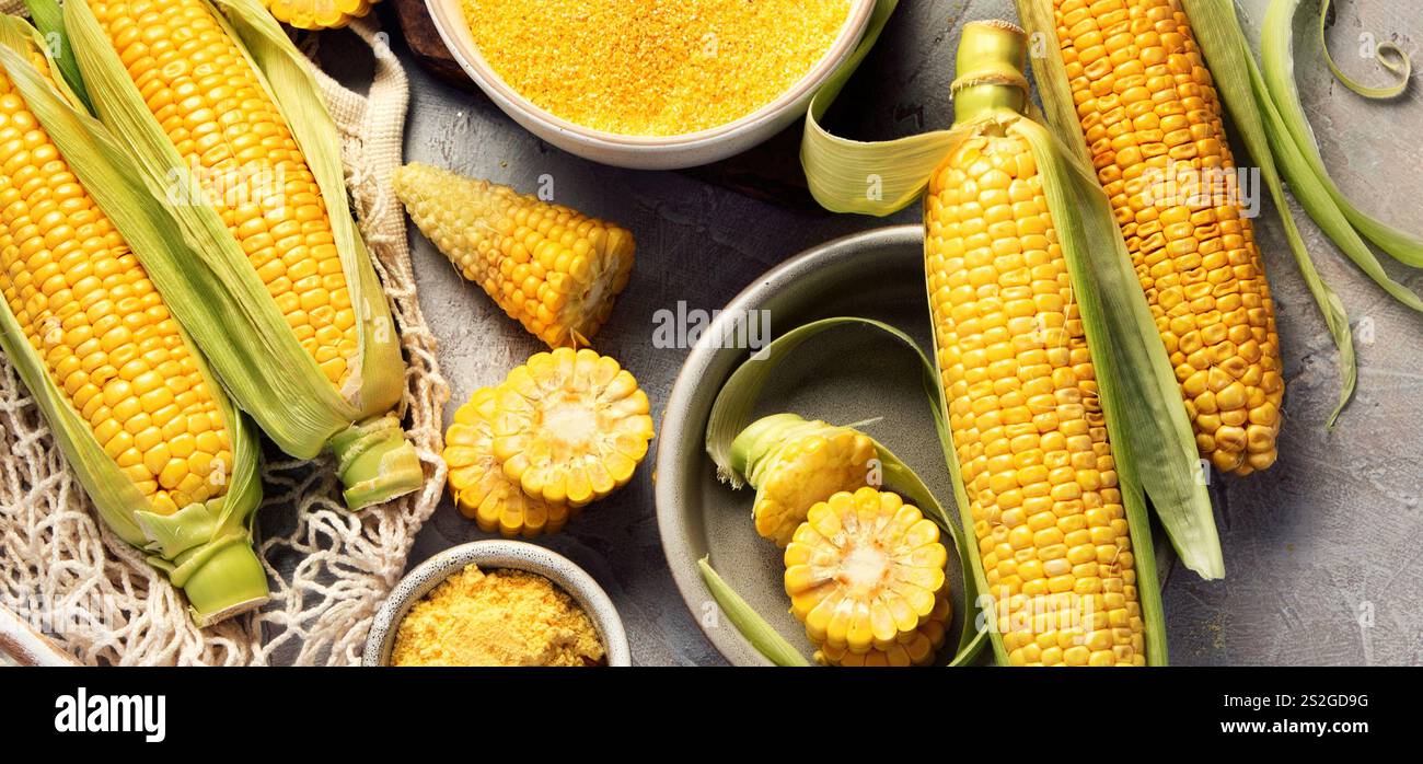 Corncobs and corn groats on gray background. Harvest food concept. Top ...