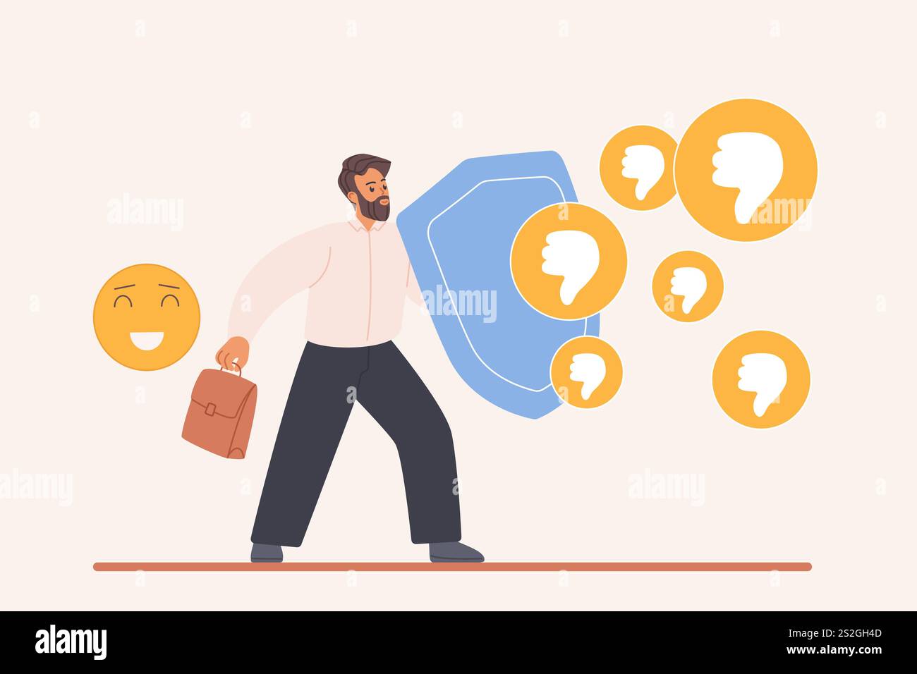 Negative feedback pressure, protection from criticism. Tiny businessman ...