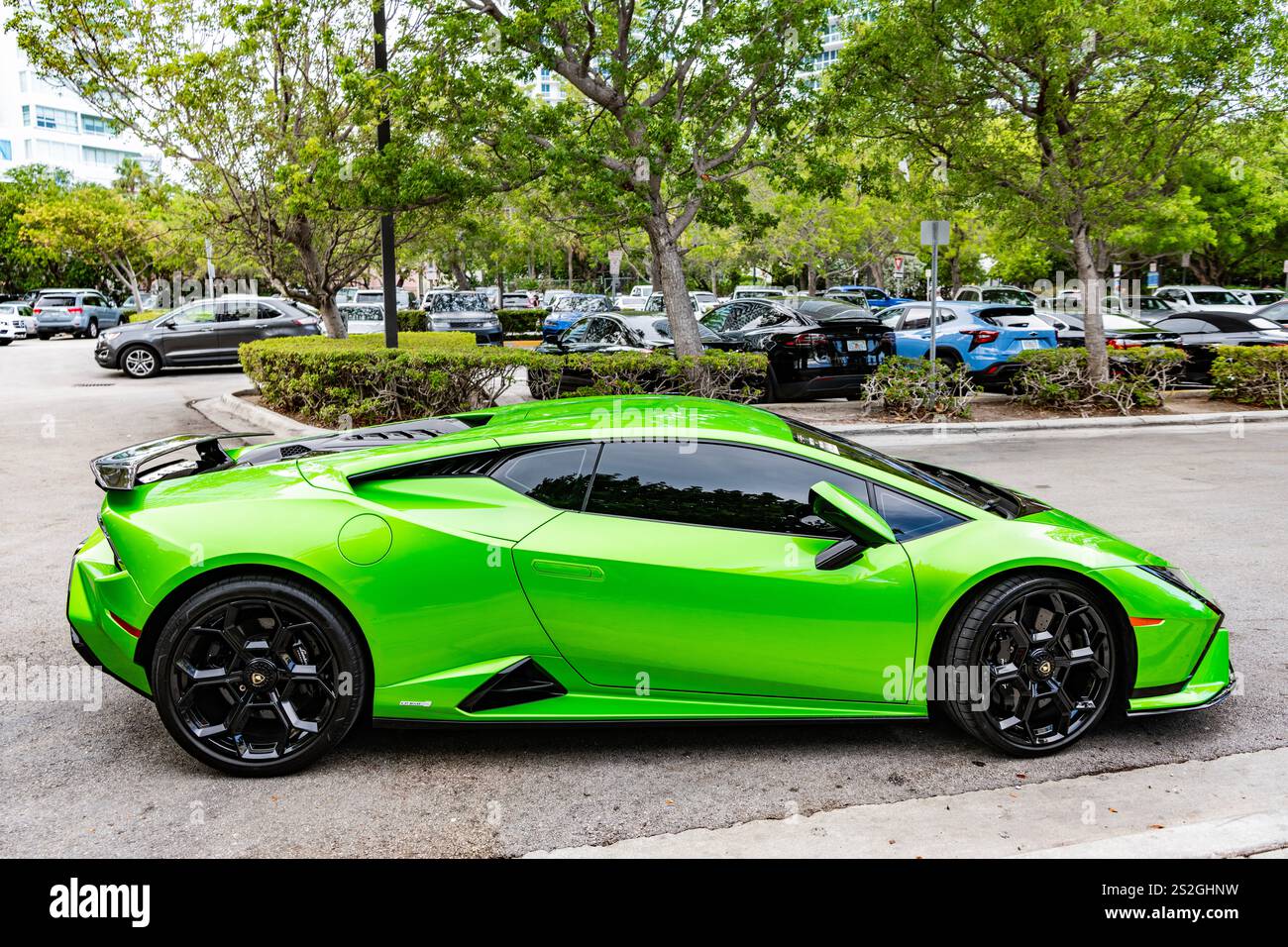 Miami Beach, Florida USA - June 9, 2024: 2023 Lamborghini Huracan Tecnica green at miami beach ...