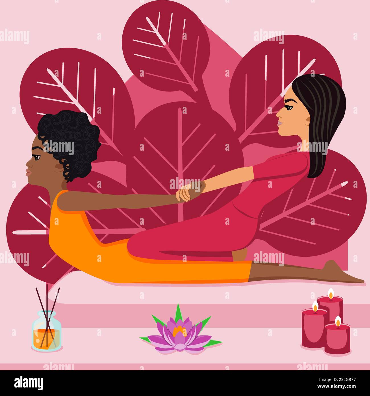 Thai massage. Therapy and treatment by professional therapist in SPA. Isolated flat vector ...