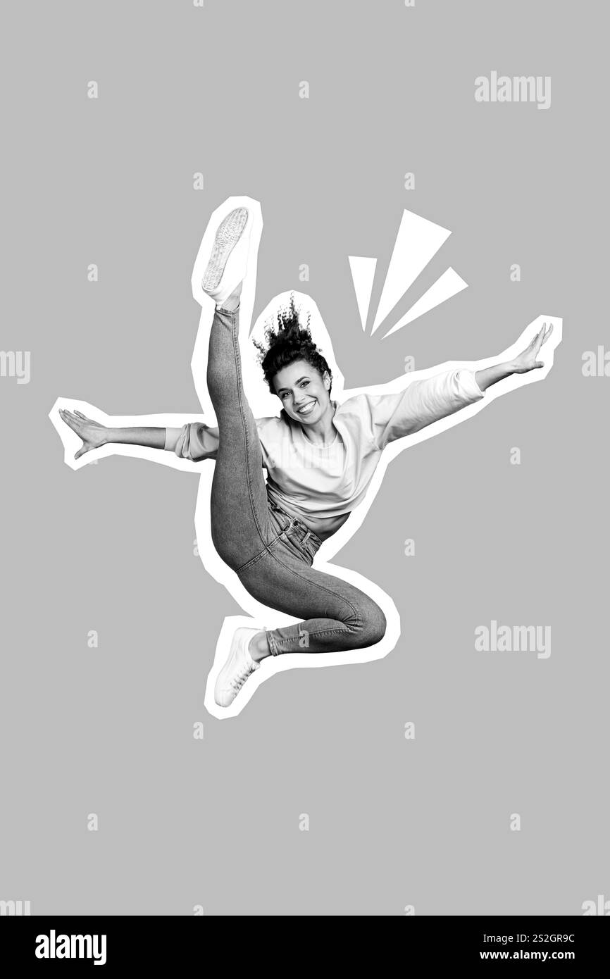 Creative composite collage photo of young jumping excited woman leg up ...