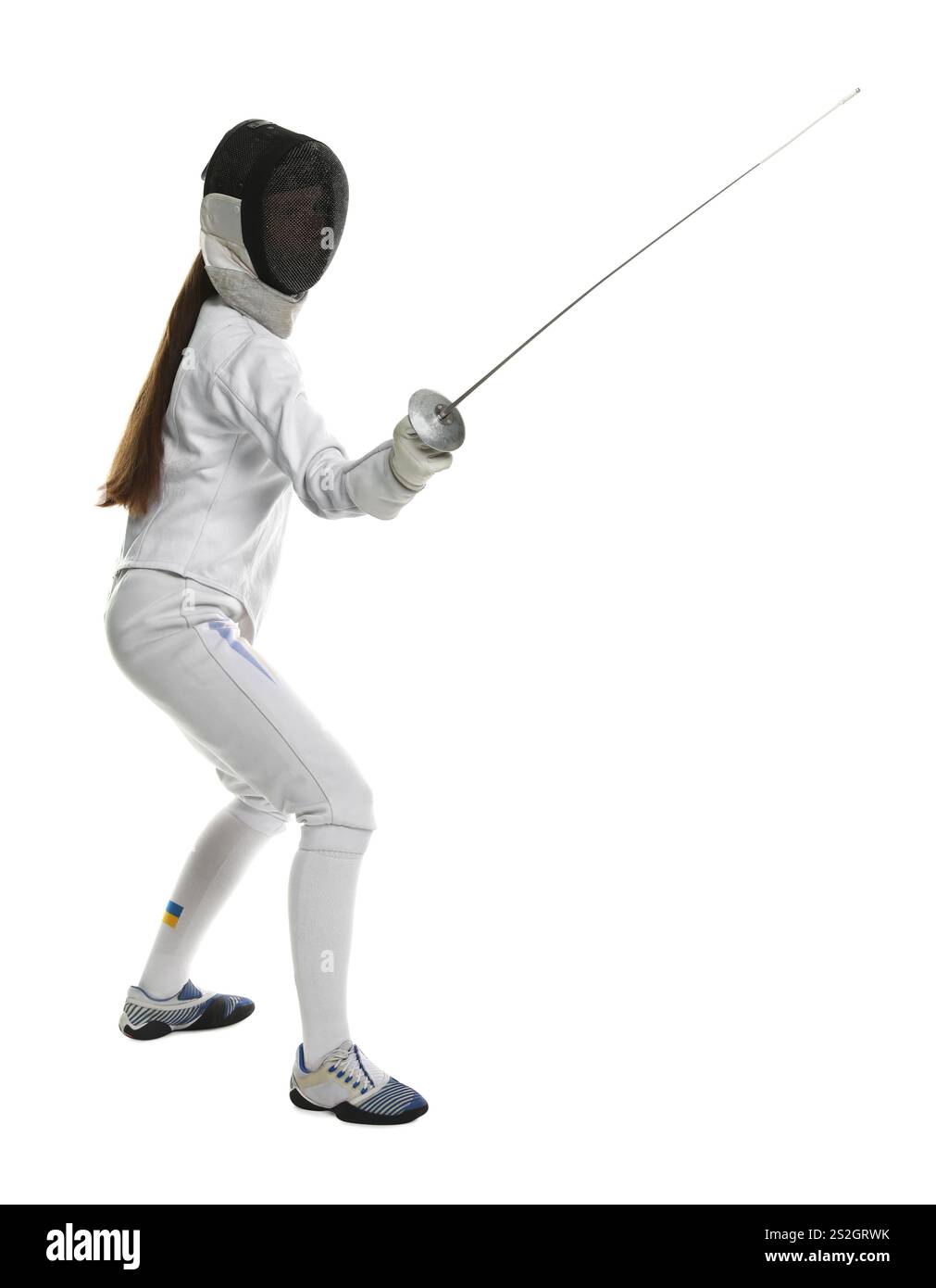 Fencer with epee practicing on white background Stock Photo - Alamy