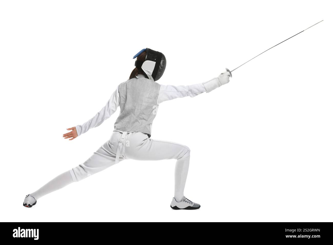 Fencer with epee practicing on white background Stock Photo - Alamy