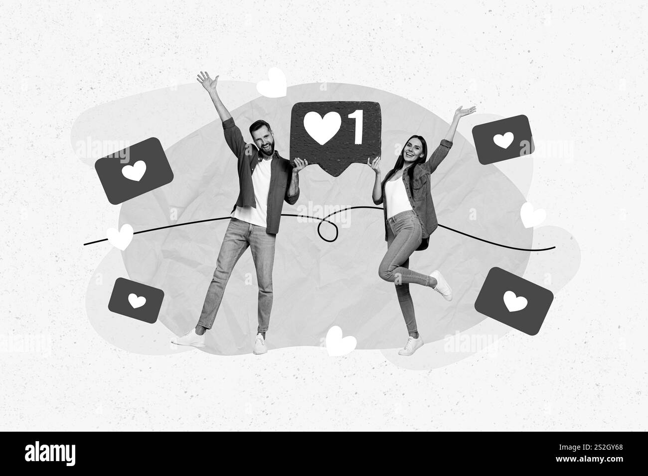 Creative collage picture of two excited cheerful people hold big like ...