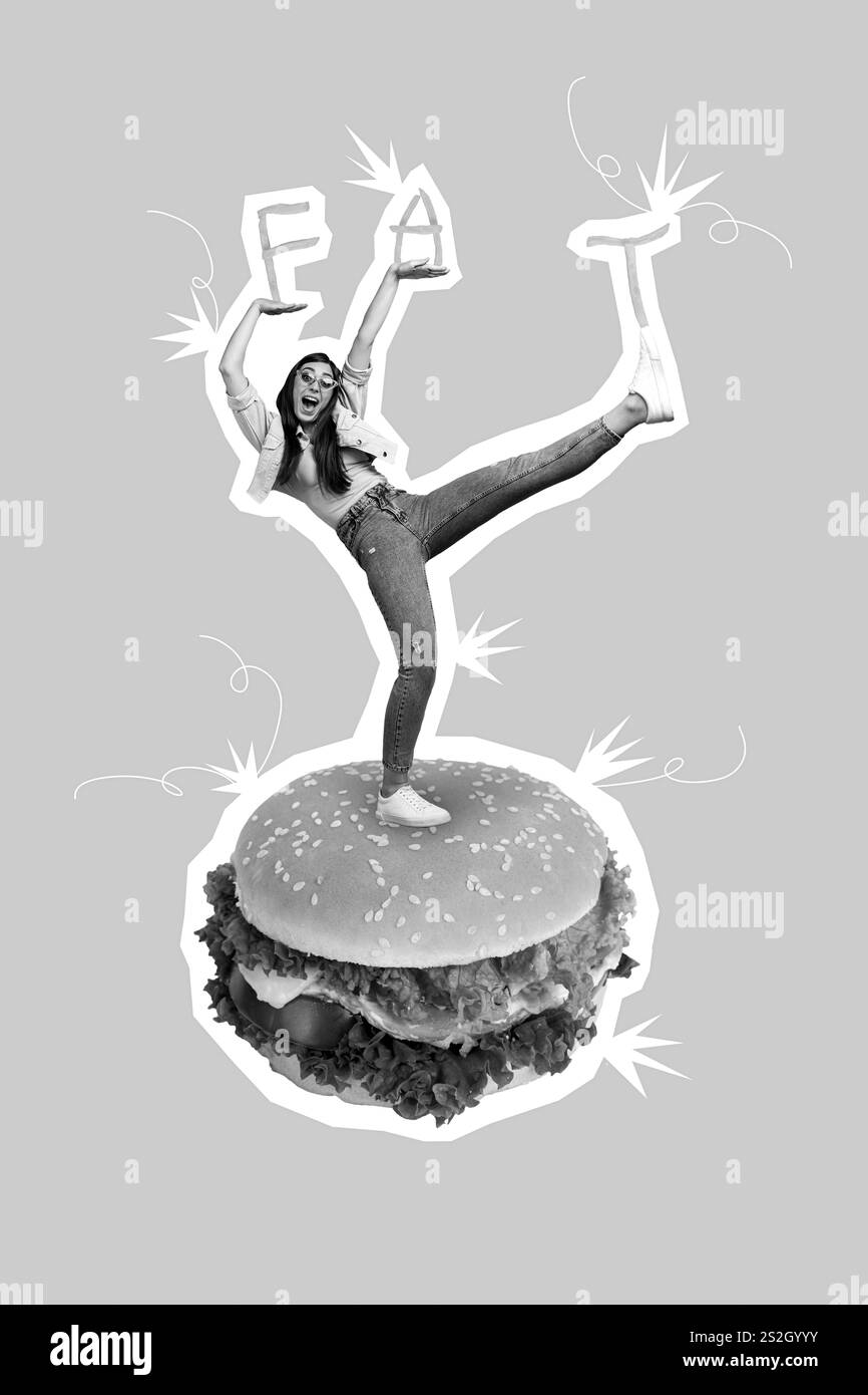 Collage photo poster advertising young woman excited hold text fat ...