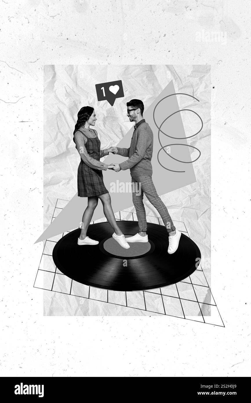 Vertical collage picture of two mini people lovers black white effect ...