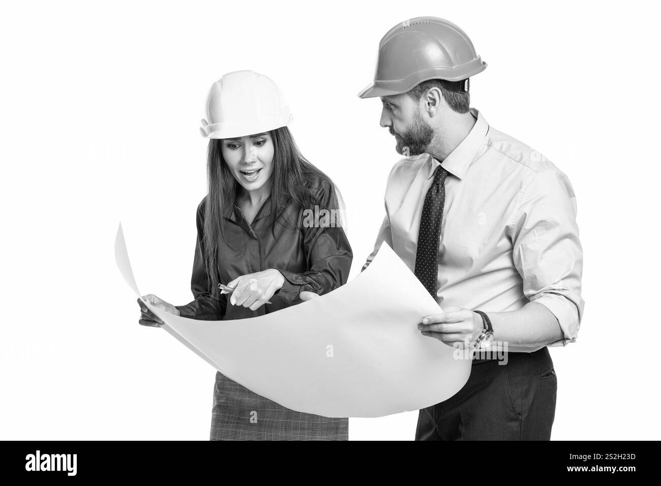 Supervisor engineer with blueprint. Plan construction project ...