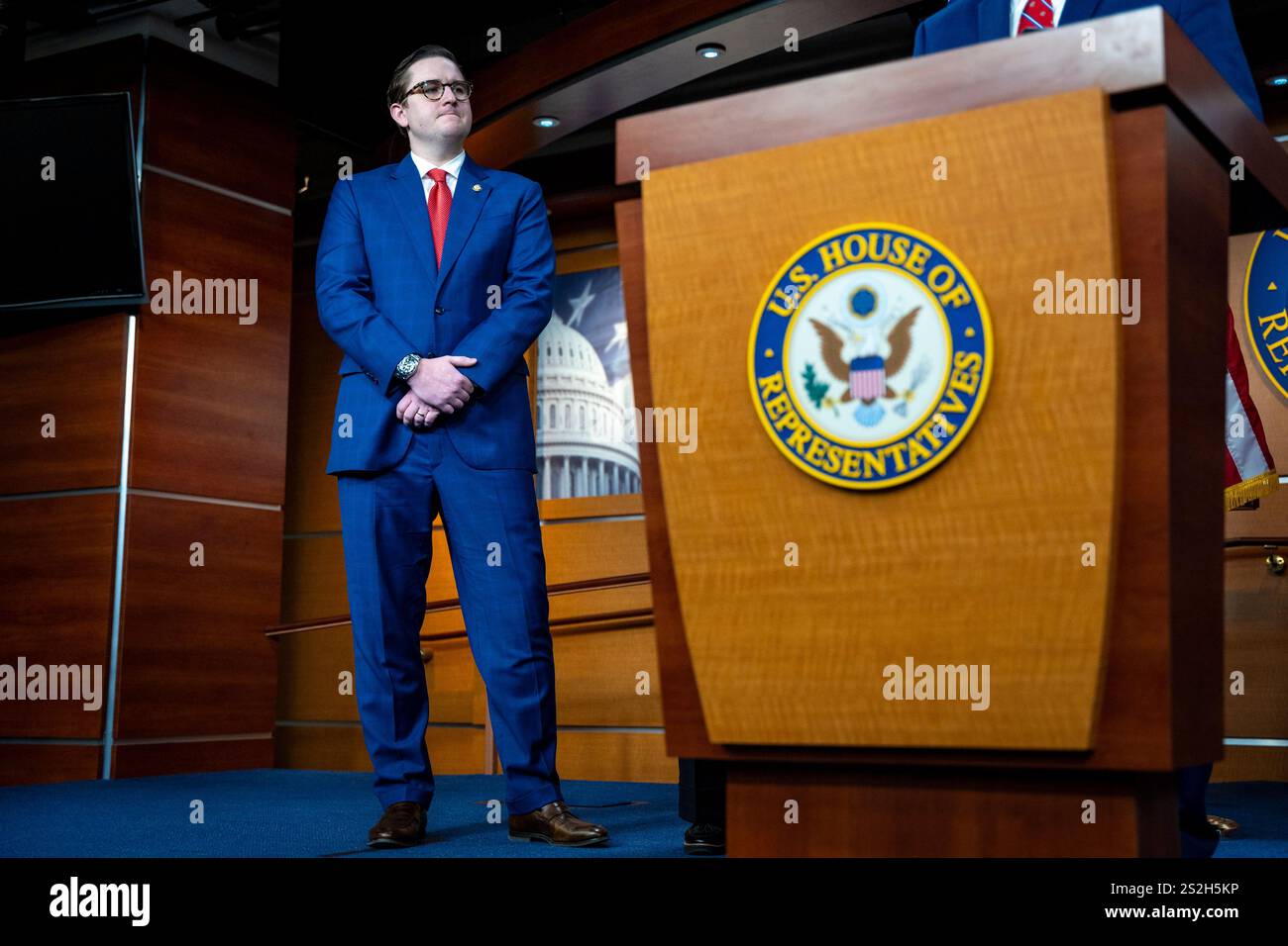 Rep. Addison McDowell (R-N.C.) stands at the Republican Leadership press conference in ...