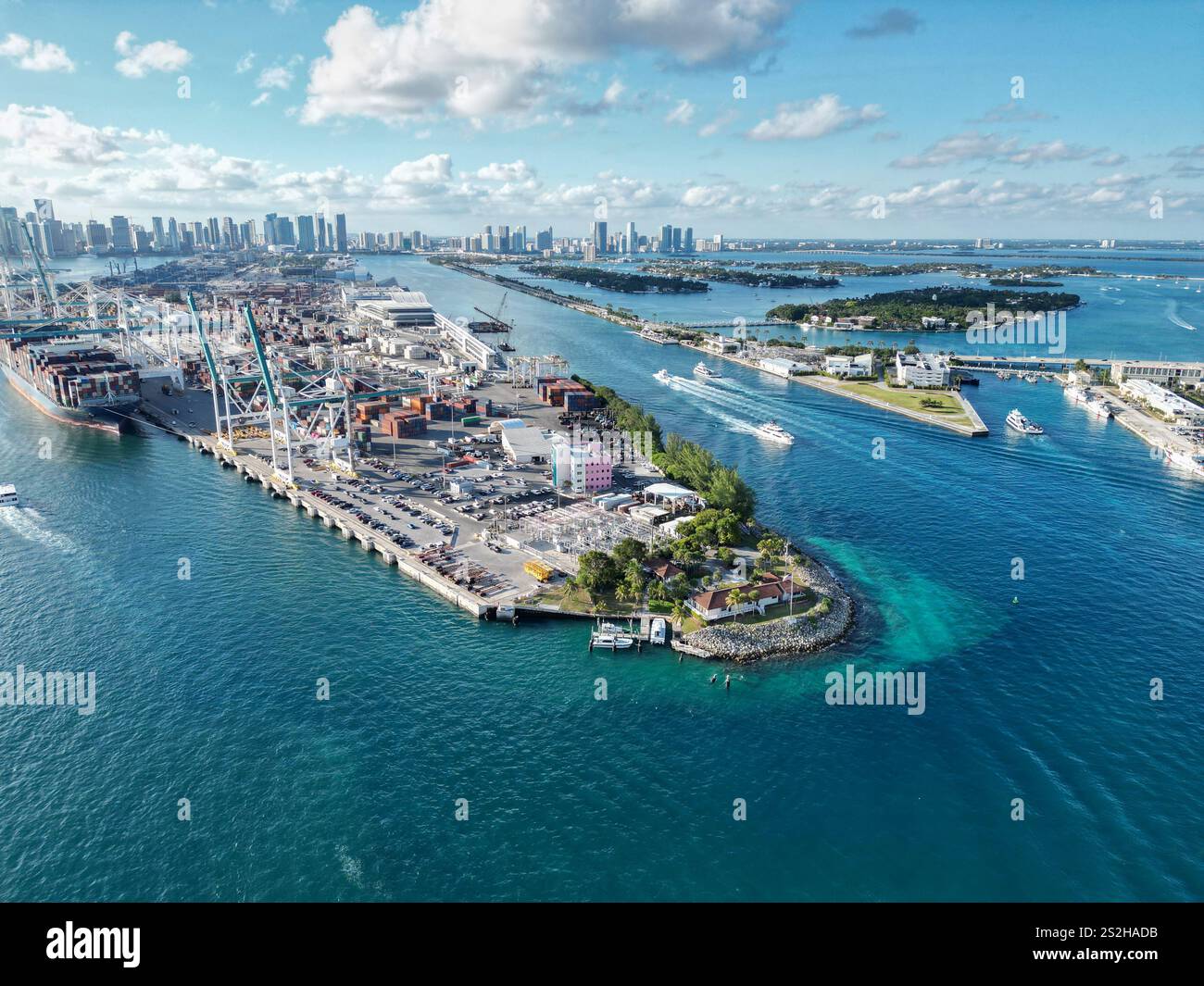 Miami port with cargo ship. Harbor marina landscape. Travel destination ...