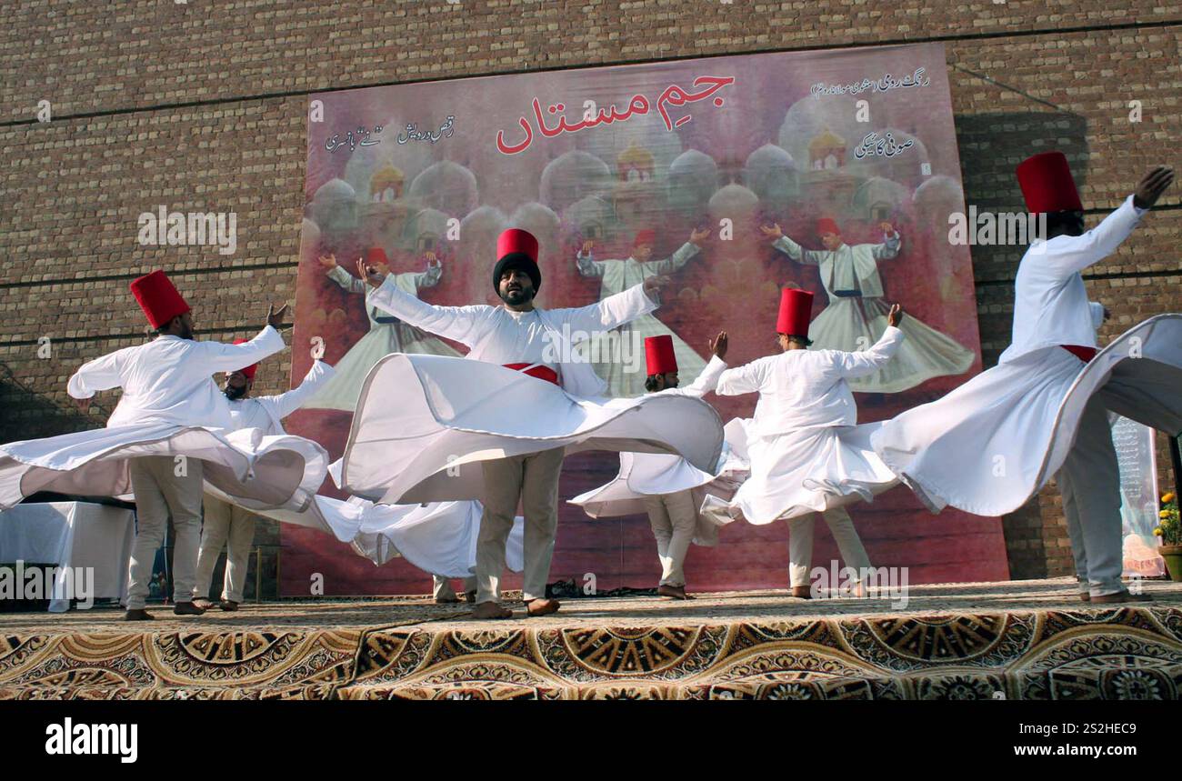 Sufi artists perform on stage on the occasion of Punjab Sufi Festival organized by Auqaf and ...