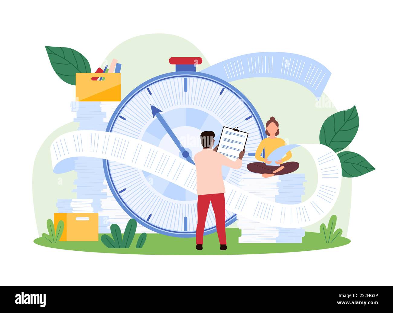 Individuals manage a large amount of paperwork with a giant clock and ...