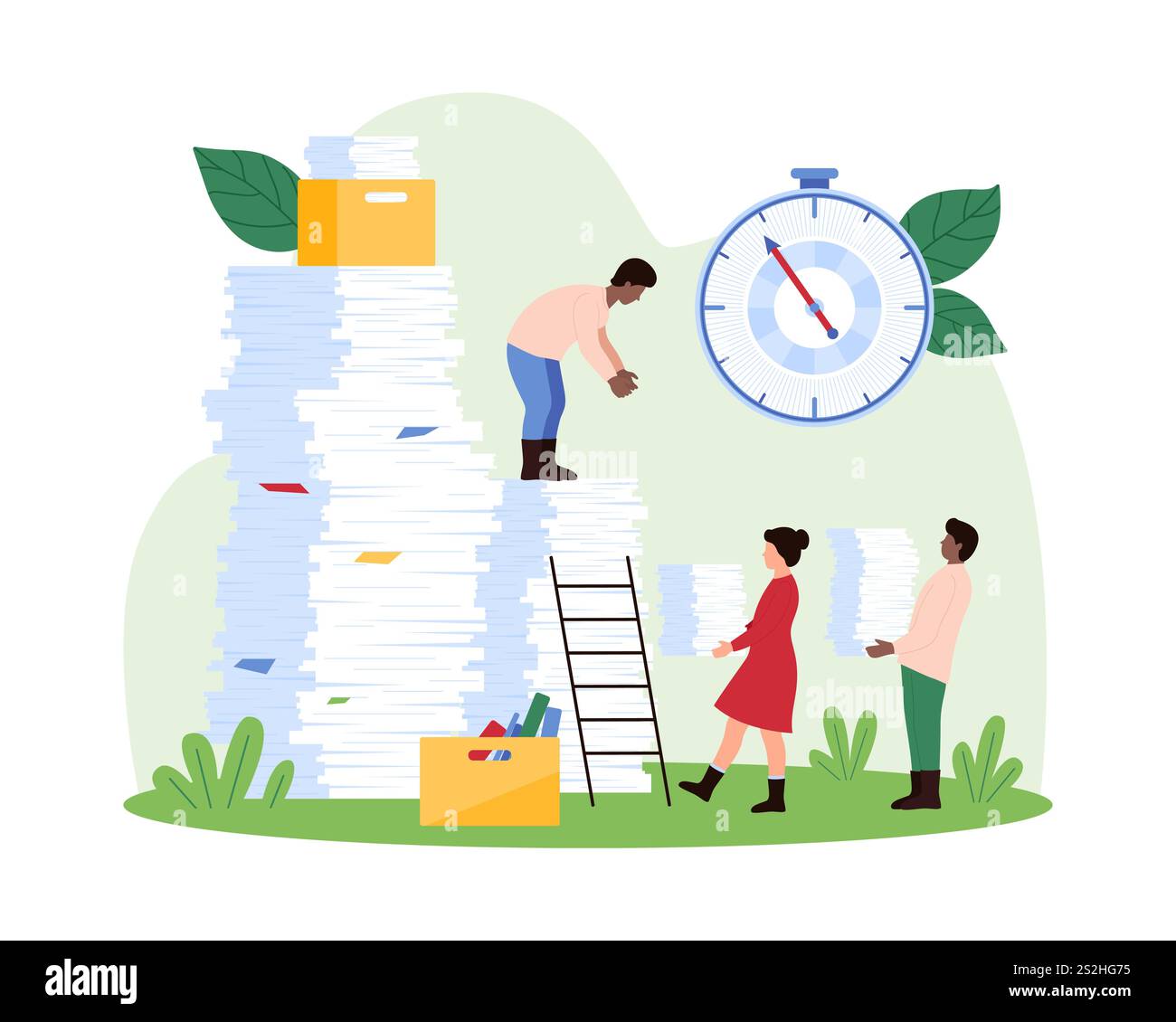 Individuals manage paperwork and deadlines using a large clock and ...