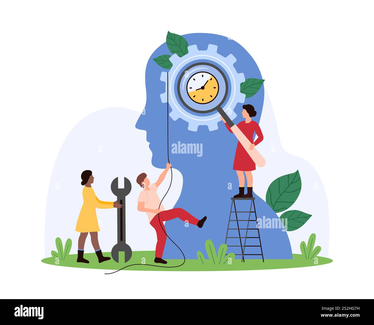 Boost of productivity, analysis of strategy and effective work methods. Tiny people move gear ...