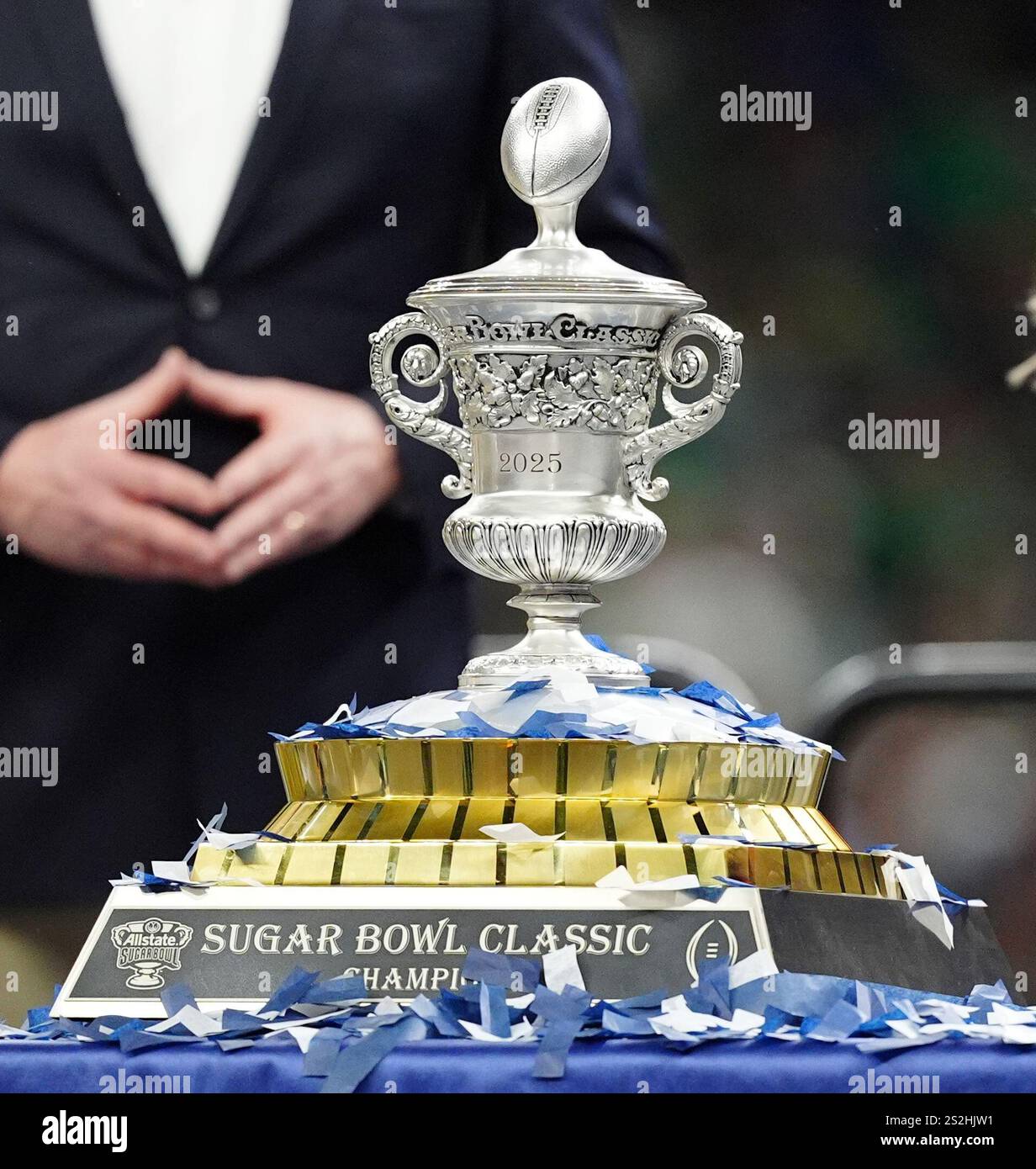NEW ORLEANS, LA - JANUARY 02: The Sugar Bowl Trophy sets on a table ...