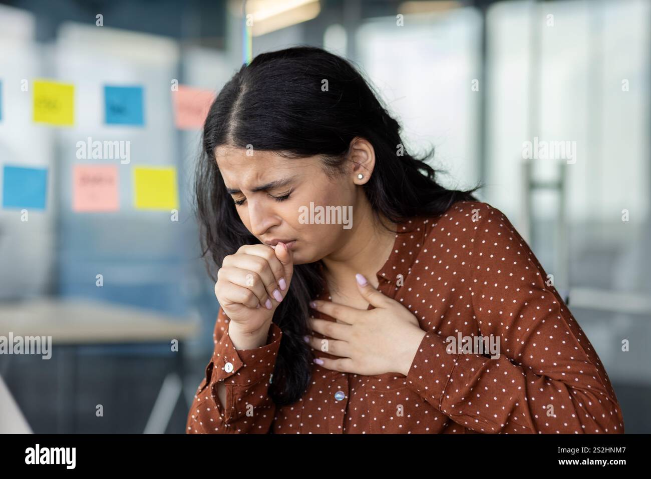 Sick woman close up coughing at workplace, businesswoman holding hand ...