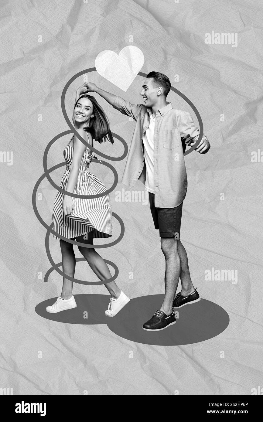 Vertical collage picture of two positive lovely partners black white ...