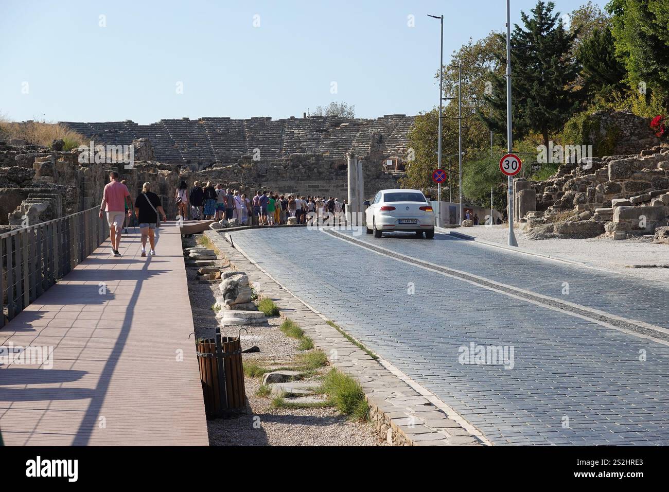 New road built over ancient Roman road in Side, Antalya, Turkey Stock ...