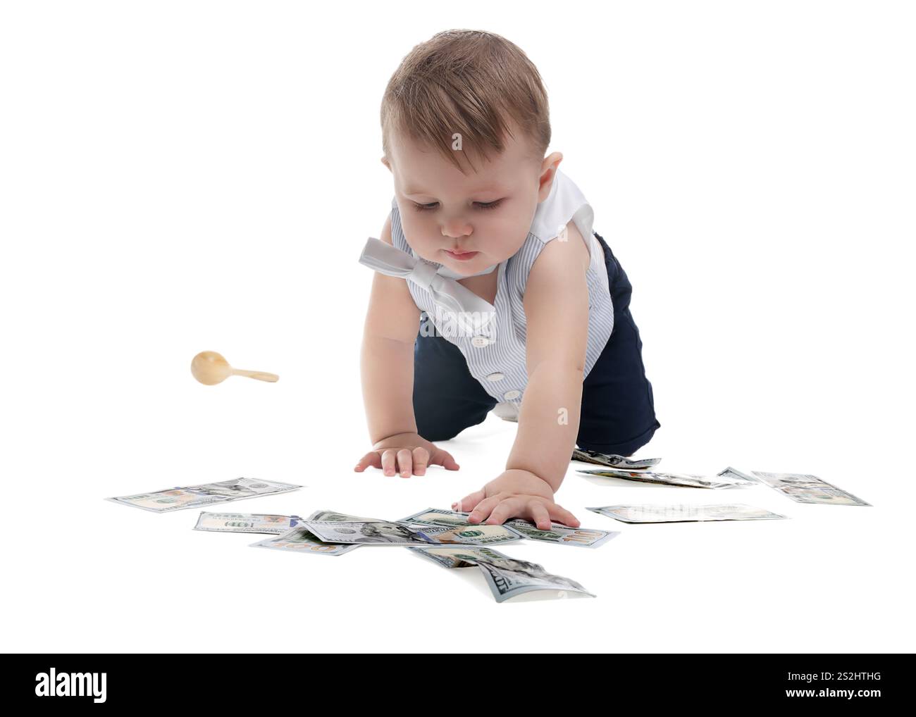 Little baby with money on white background Stock Photo - Alamy