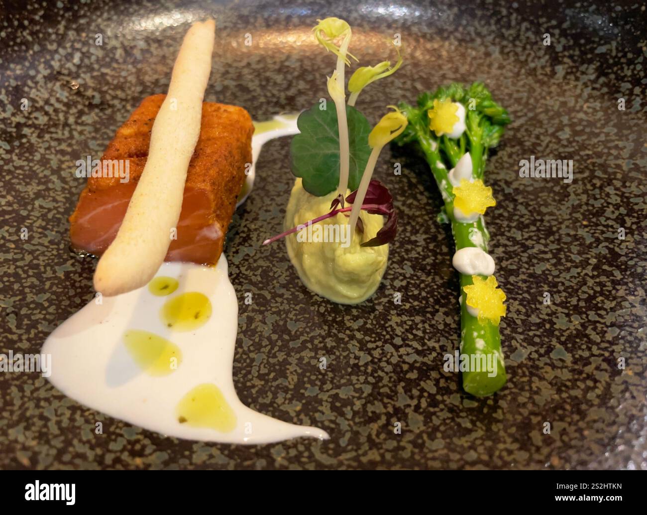 Exquisite gourmet dishes elegantly presented in a fine dining ...