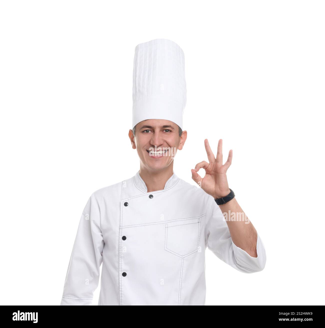 Professional chef showing okay gesture on white background Stock Photo ...