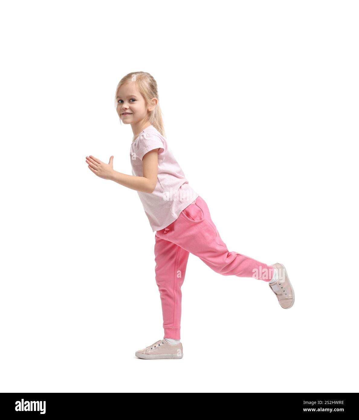 Little girl exercising on white background. Sport activity Stock Photo ...