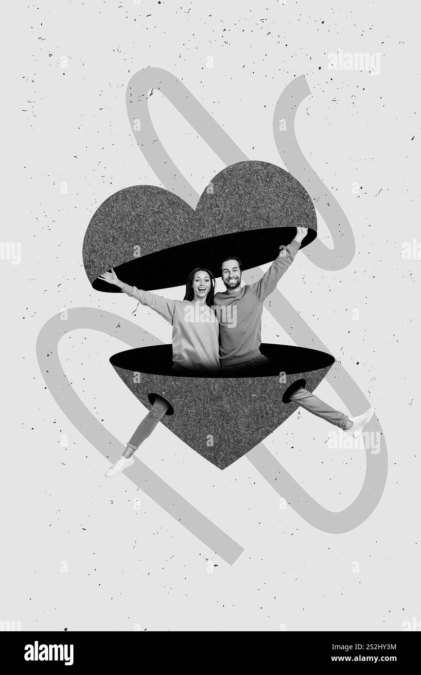 Vertical collage image of two cheerful lovers black white colors inside ...