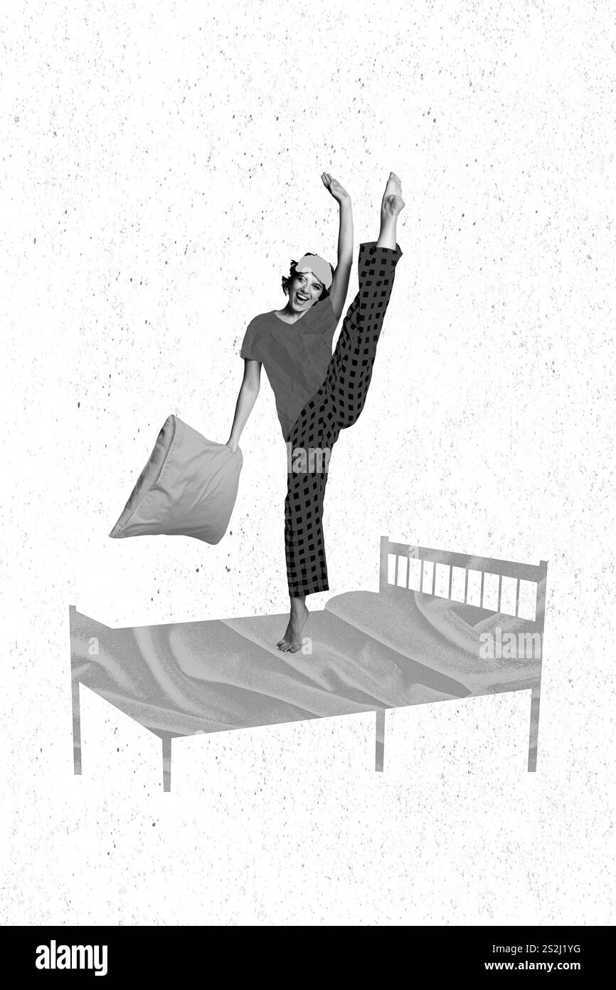 Vertical composite collage photo pajama party invitation woman jumping ...