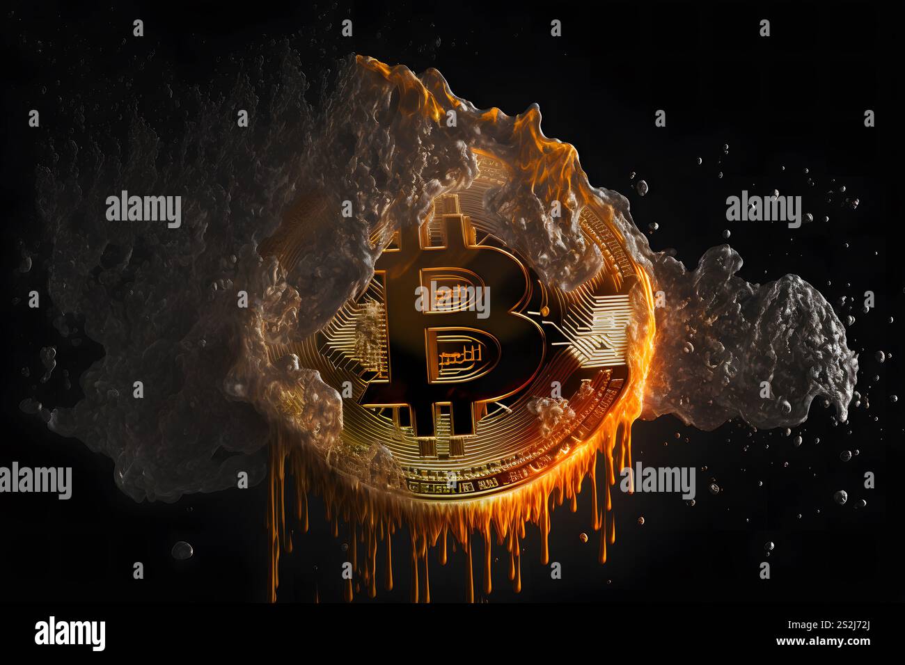 Melted bitcoin on fire flame on black background. Neural network AI ...