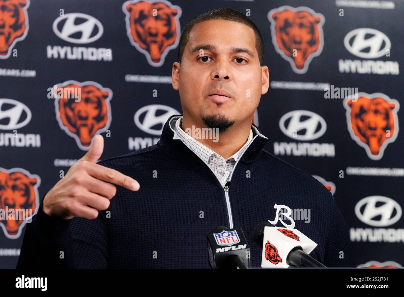 Chicago General Manager Ryan Poles talks to media during an NFL ...