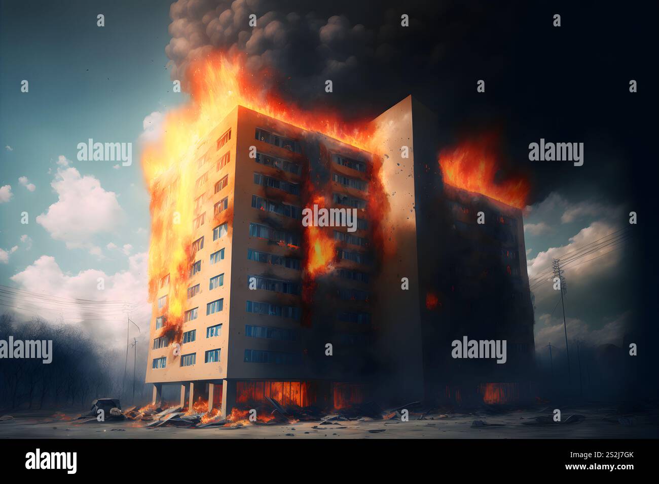 Multistorey residental or office building on fire. Neural network AI ...
