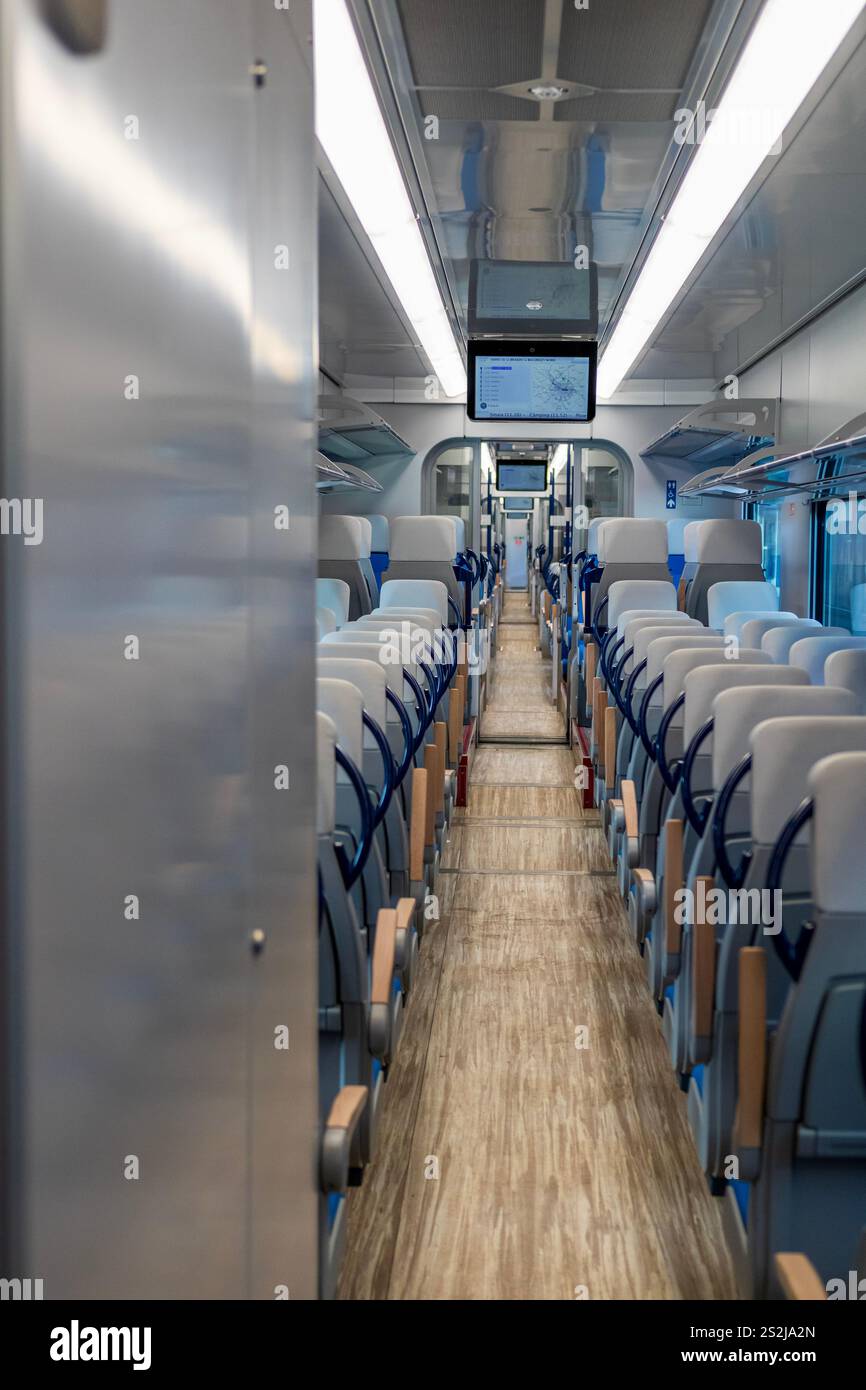 Interior of Alstom train on the platform of Bucharest North Railway ...