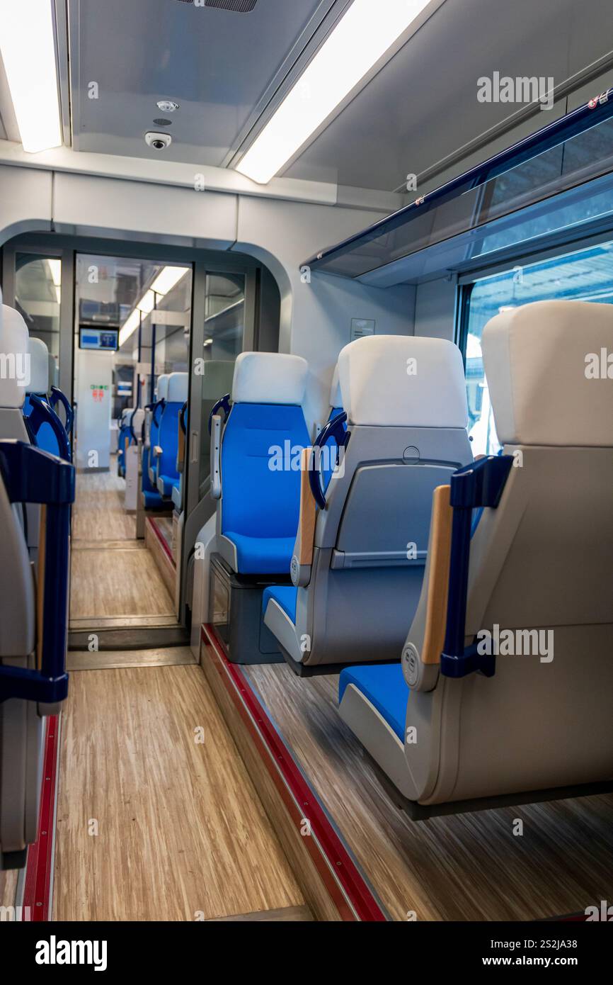 Interior of Alstom train on the platform of Bucharest North Railway ...