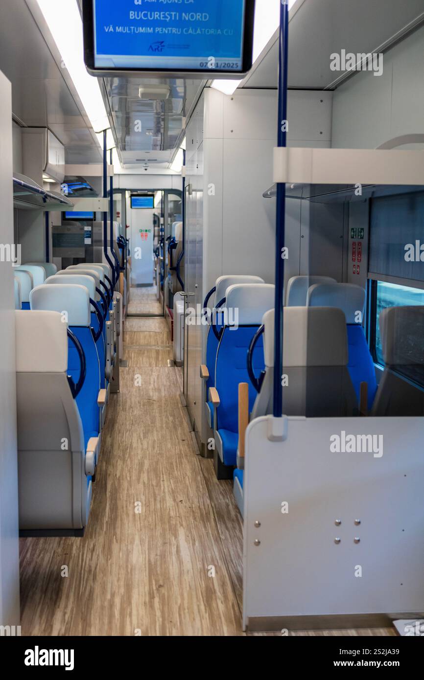 Interior of Alstom train on the platform of Bucharest North Railway ...