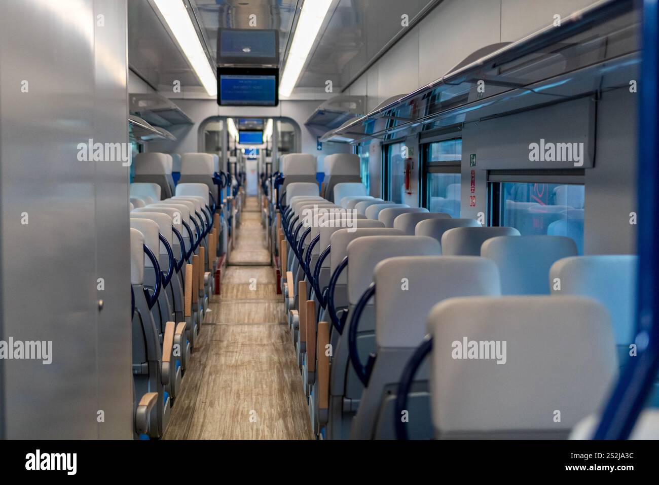 Interior of Alstom train on the platform of Bucharest North Railway ...