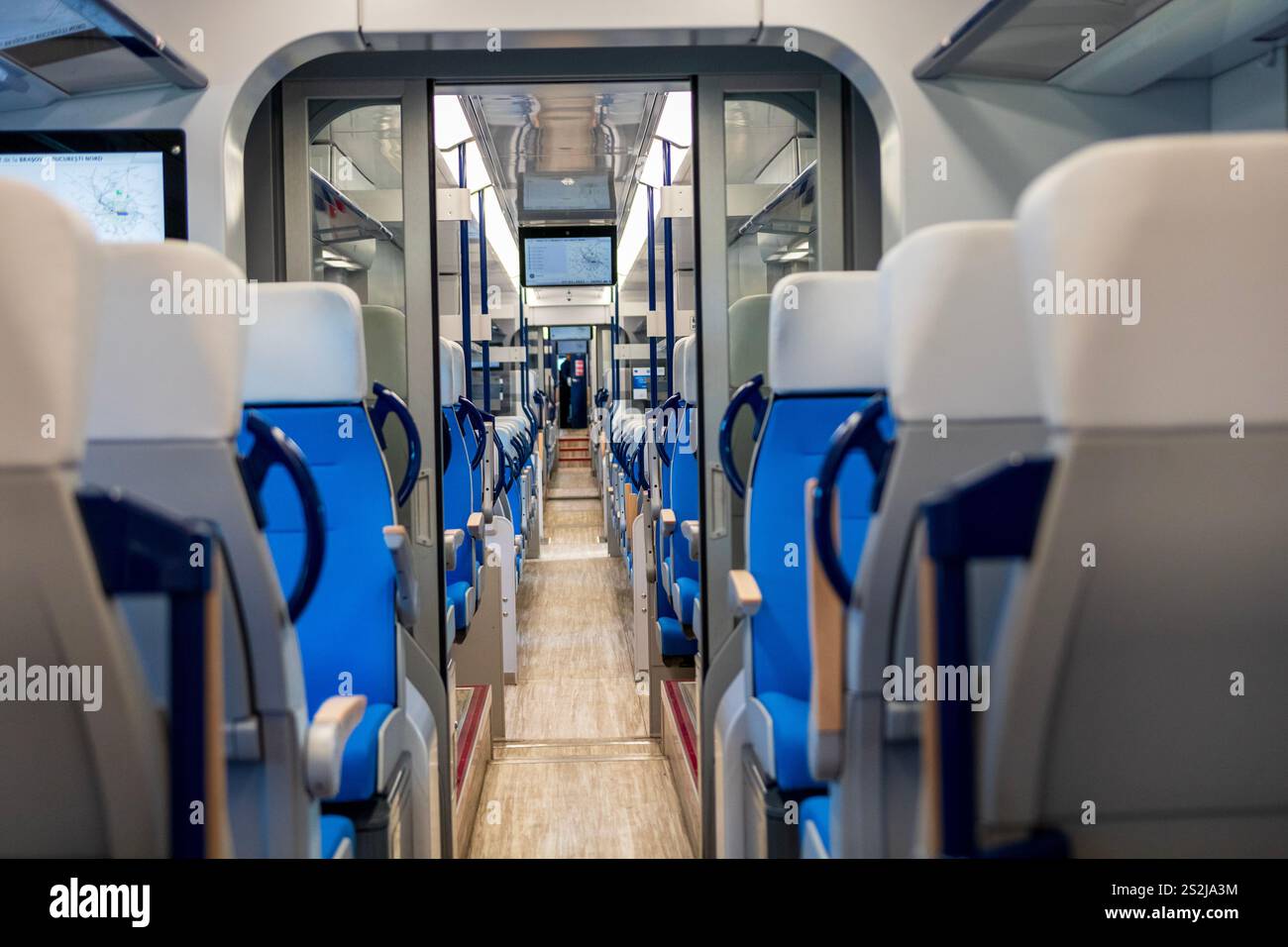 Interior of Alstom train on the platform of Bucharest North Railway ...