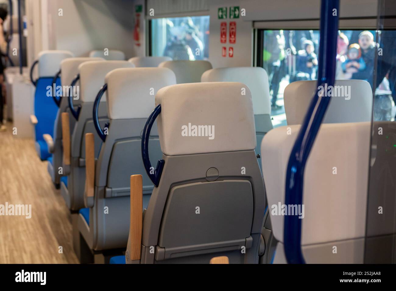 Interior of Alstom train on the platform of Bucharest North Railway ...
