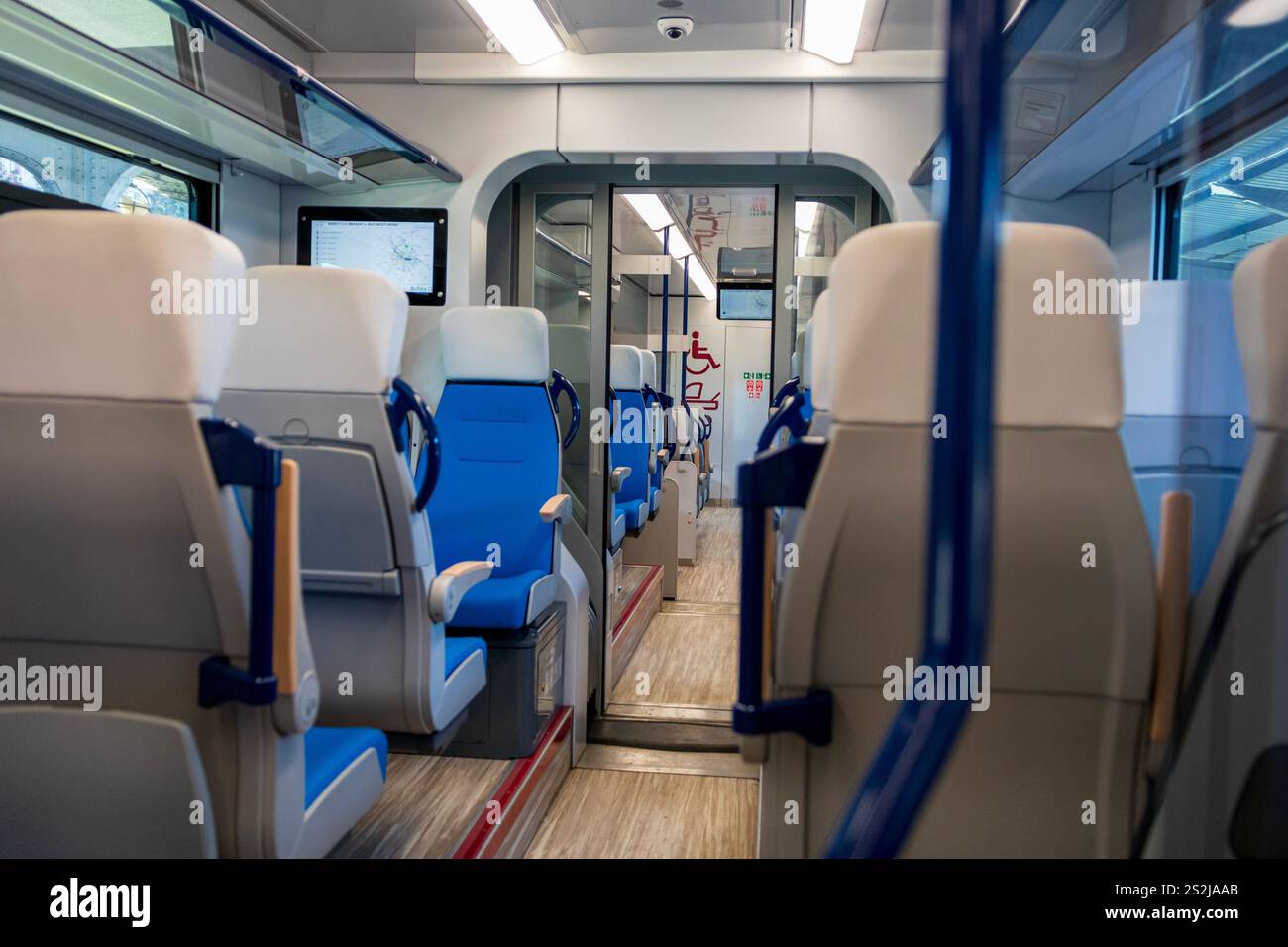 Interior of Alstom train on the platform of Bucharest North Railway ...