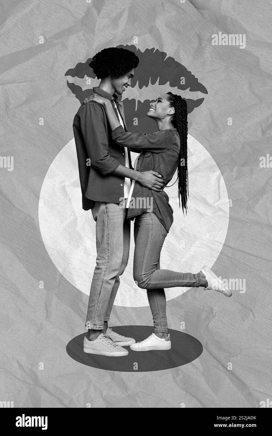 Vertical collage picture of two lovely partners black white effect ...