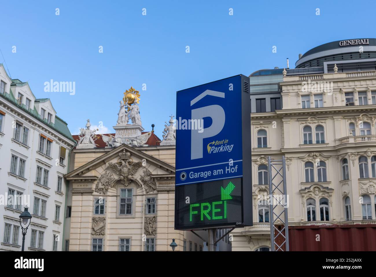 Parking sign for underground car park garage with message Frei (free ...
