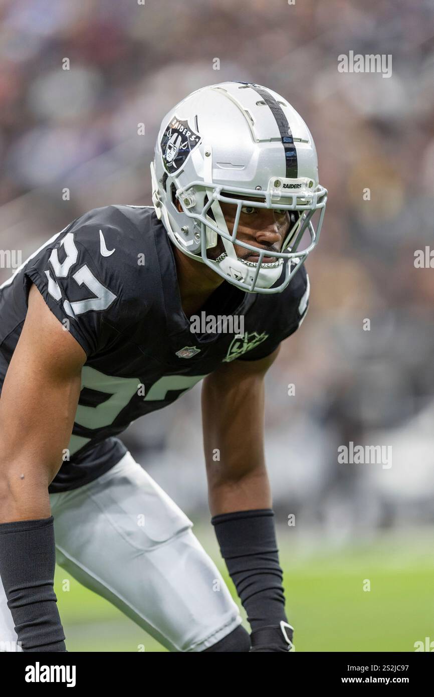 Las Vegas Raiders cornerback Sam Webb (27) lines up against the Los Angeles Chargers in an NFL ...